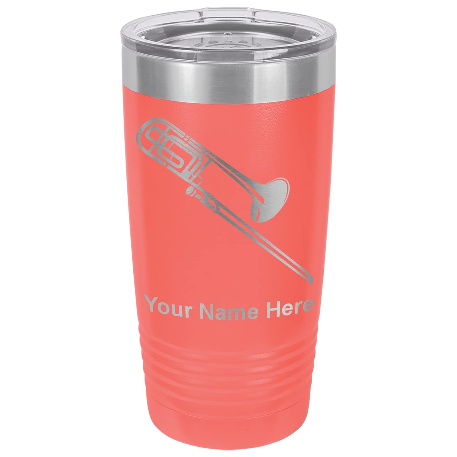 LaserGram 20oz Vacuum Insulated Tumbler Mug, Trombone, Personalized Engraving Included (Coral)