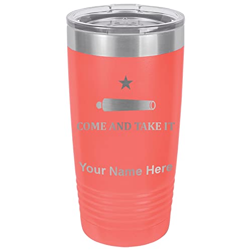 LaserGram 20oz Vacuum Insulated Tumbler Mug, Texas Come and Take It Flag, Personalized Engraving Included (Coral)