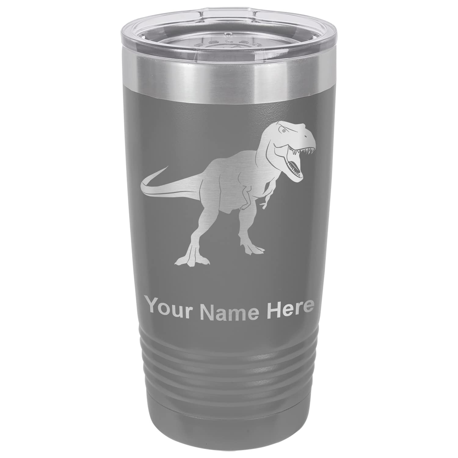 LaserGram 20oz Vacuum Insulated Tumbler Mug, Tyrannosaurus Rex Dinosaur, Personalized Engraving Included (Gray)
