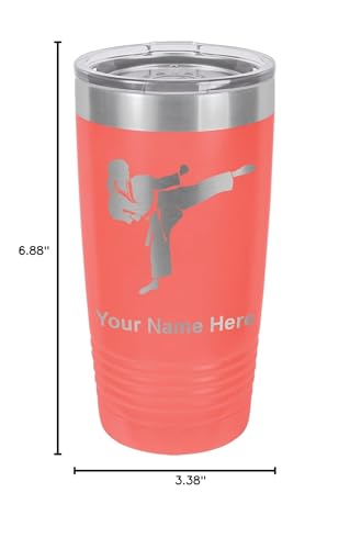LaserGram 20oz Vacuum Insulated Tumbler Mug, Karate Woman, Personalized Engraving Included (Coral)