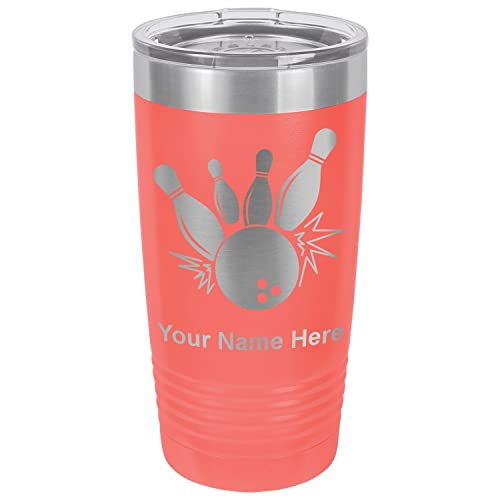 LaserGram 20oz Vacuum Insulated Tumbler Mug, Bowling Ball and Pins, Personalized Engraving Included (Coral)