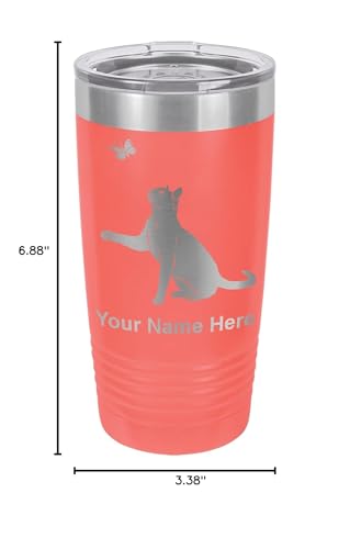LaserGram 20oz Vacuum Insulated Tumbler Mug, Cat with Butterfly, Personalized Engraving Included (Coral)