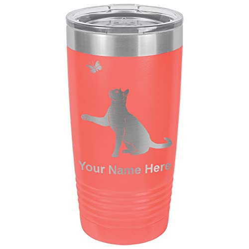 LaserGram 20oz Vacuum Insulated Tumbler Mug, Cat with Butterfly, Personalized Engraving Included (Coral)