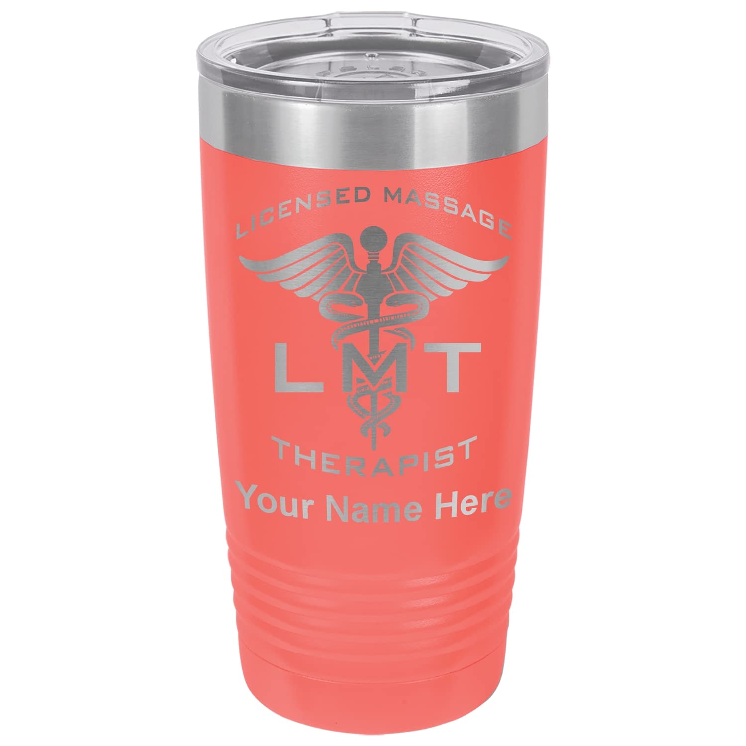 LaserGram 20oz Vacuum Insulated Tumbler Mug, LMT Licensed Massage Therapist, Personalized Engraving Included (Coral)