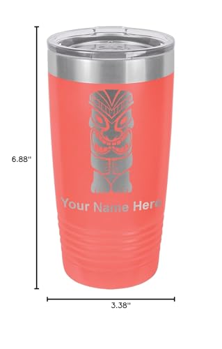 LaserGram 20oz Vacuum Insulated Tumbler Mug, Tiki Statue, Personalized Engraving Included (Coral)