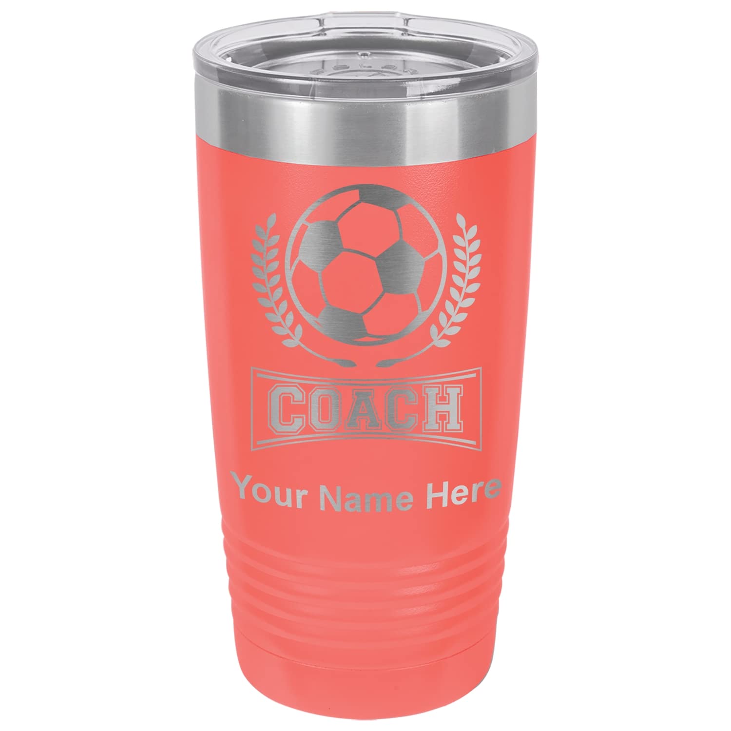 LaserGram 20oz Vacuum Insulated Tumbler Mug, Soccer Coach, Personalized Engraving Included (Coral)