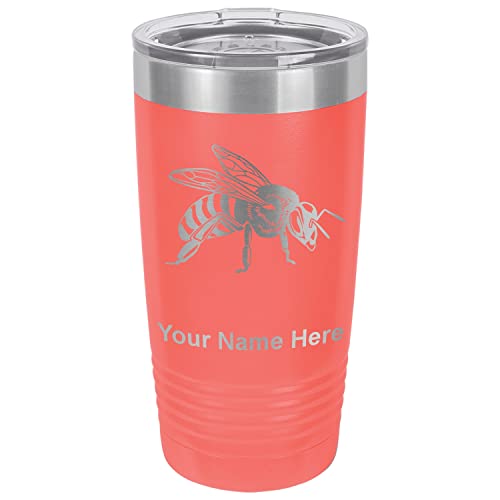 LaserGram 20oz Vacuum Insulated Tumbler Mug, Honey Bee, Personalized Engraving Included (Coral)