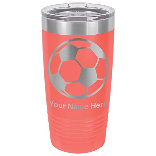 LaserGram 20oz Vacuum Insulated Tumbler Mug, Soccer Ball, Personalized Engraving Included (Coral)