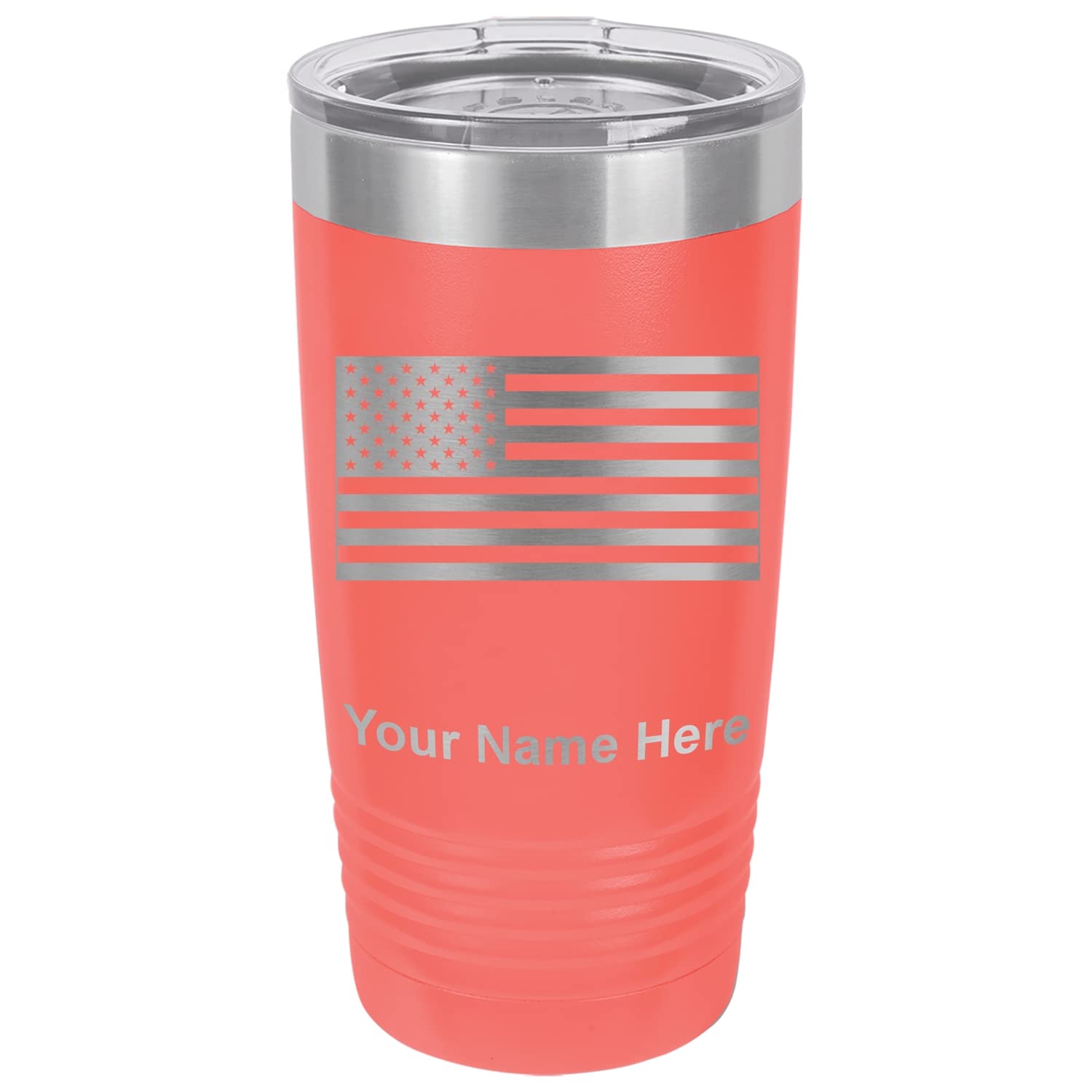 LaserGram 20oz Vacuum Insulated Tumbler Mug, Flag of the United States, Personalized Engraving Included (Coral)