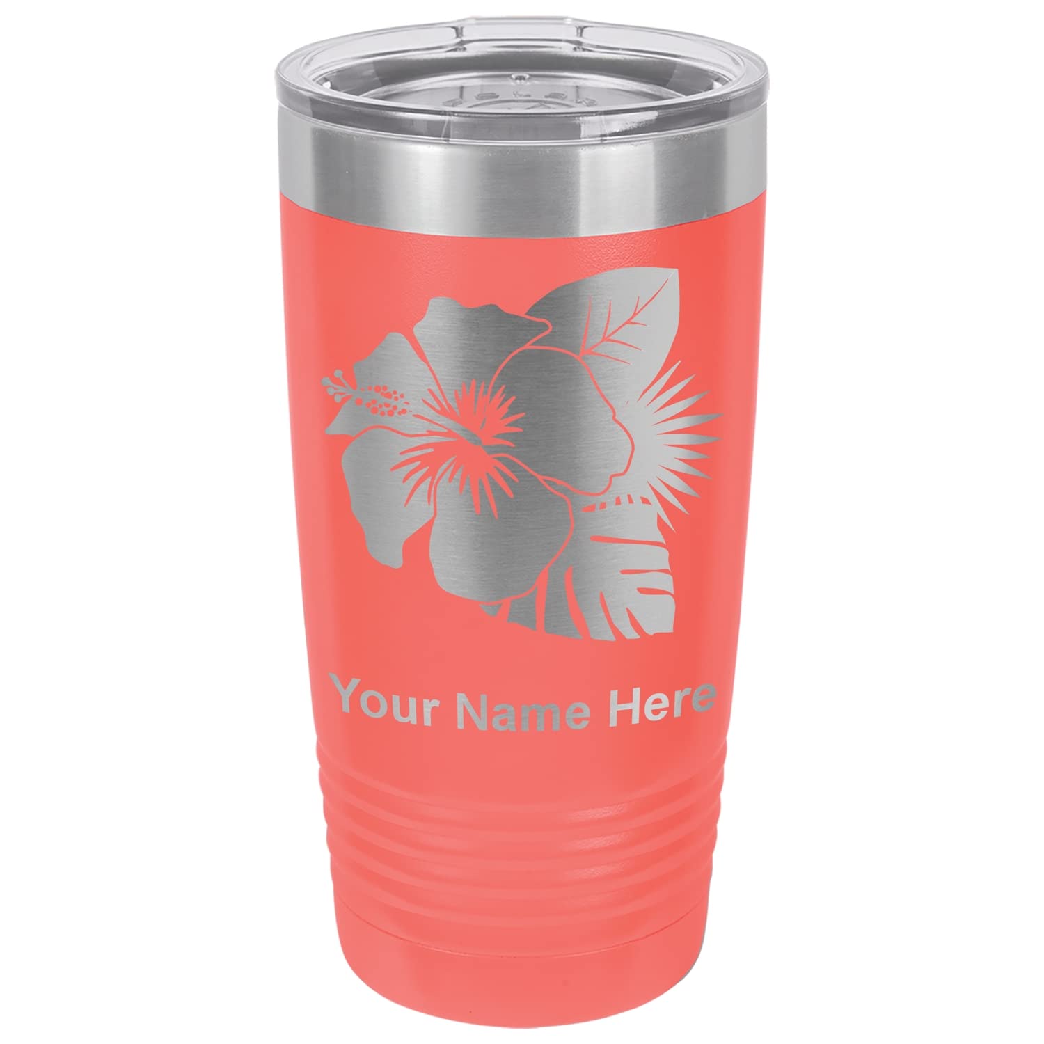 LaserGram 20oz Vacuum Insulated Tumbler Mug, Hibiscus Flower 2, Personalized Engraving Included (Coral)