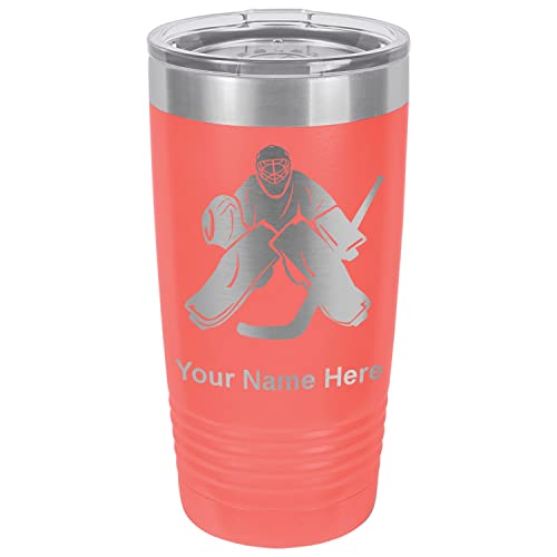 LaserGram 20oz Vacuum Insulated Tumbler Mug, Hockey Goalie, Personalized Engraving Included (Coral)