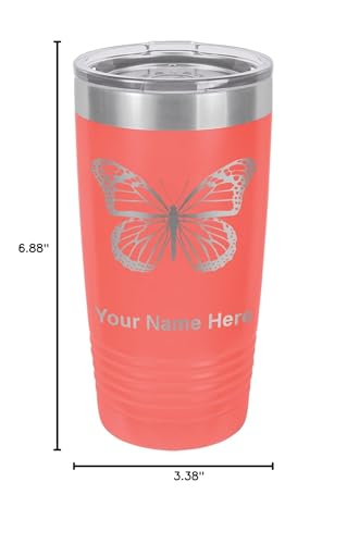 LaserGram 20oz Vacuum Insulated Tumbler Mug, Monarch Butterfly, Personalized Engraving Included (Coral)