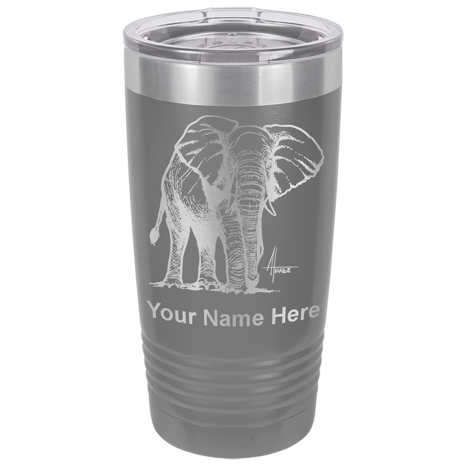 LaserGram 20oz Vacuum Insulated Tumbler Mug, African Elephant, Personalized Engraving Included (Gray)