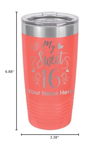 LaserGram 20oz Vacuum Insulated Tumbler Mug, My Sweet 16, Personalized Engraving Included (Coral)