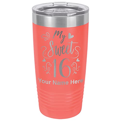 LaserGram 20oz Vacuum Insulated Tumbler Mug, My Sweet 16, Personalized Engraving Included (Coral)