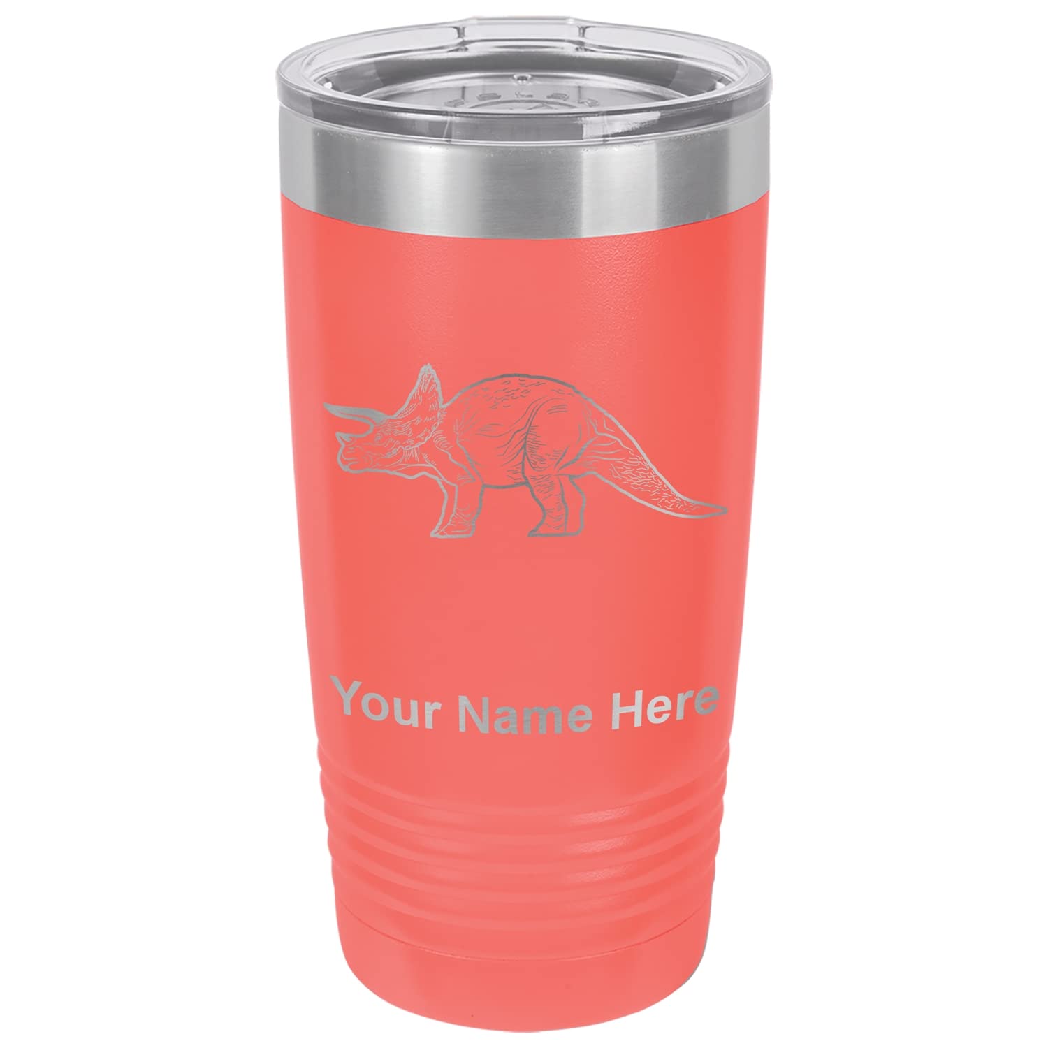 LaserGram 20oz Vacuum Insulated Tumbler Mug, Triceratops Dinosaur, Personalized Engraving Included (Coral)