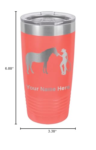 LaserGram 20oz Vacuum Insulated Tumbler Mug, Horse and Cowgirl, Personalized Engraving Included (Coral)