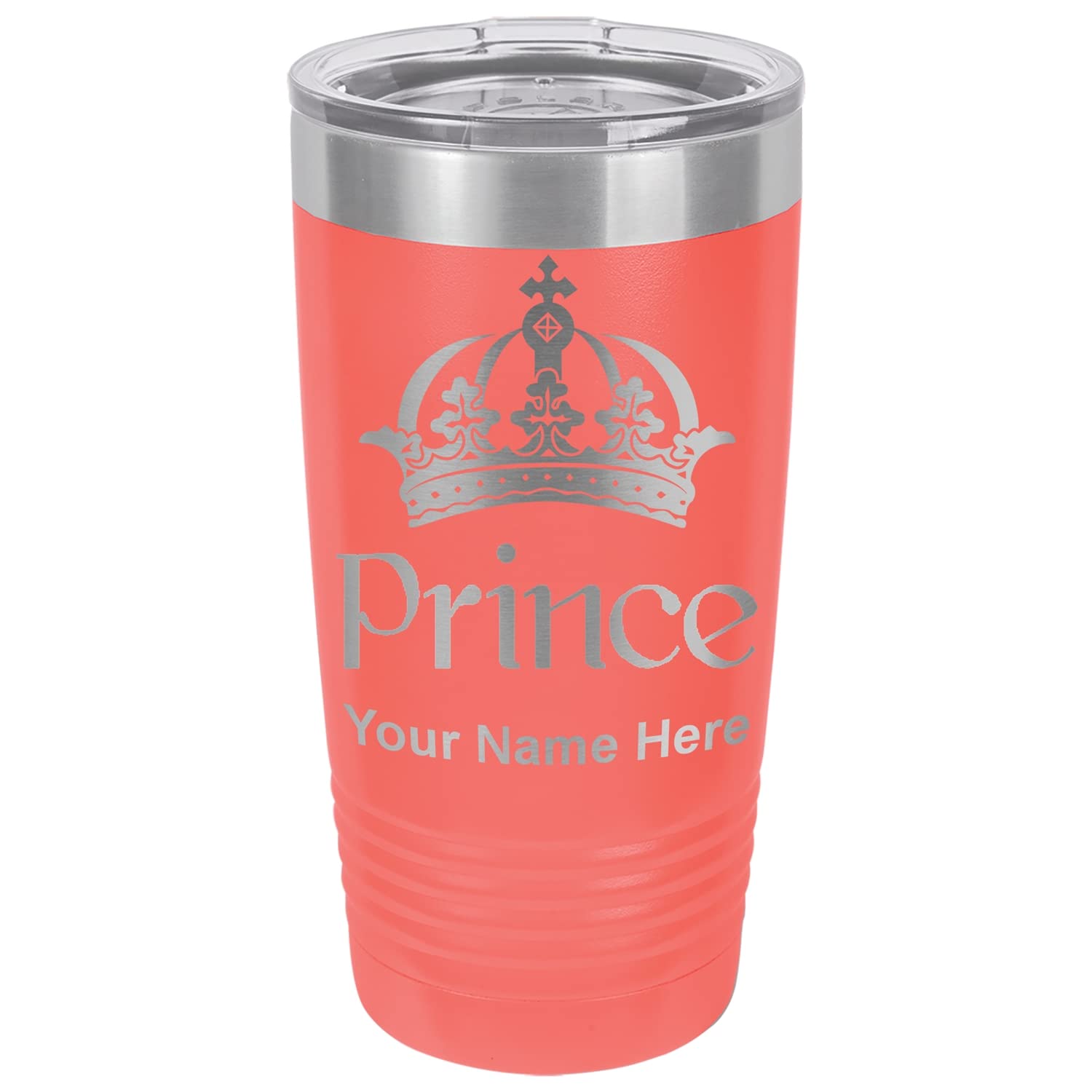 LaserGram 20oz Vacuum Insulated Tumbler Mug, Prince Crown, Personalized Engraving Included (Coral)