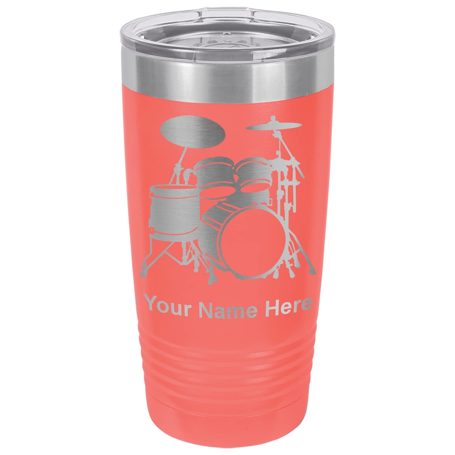 LaserGram 20oz Vacuum Insulated Tumbler Mug, Drum Set, Personalized Engraving Included (Coral)