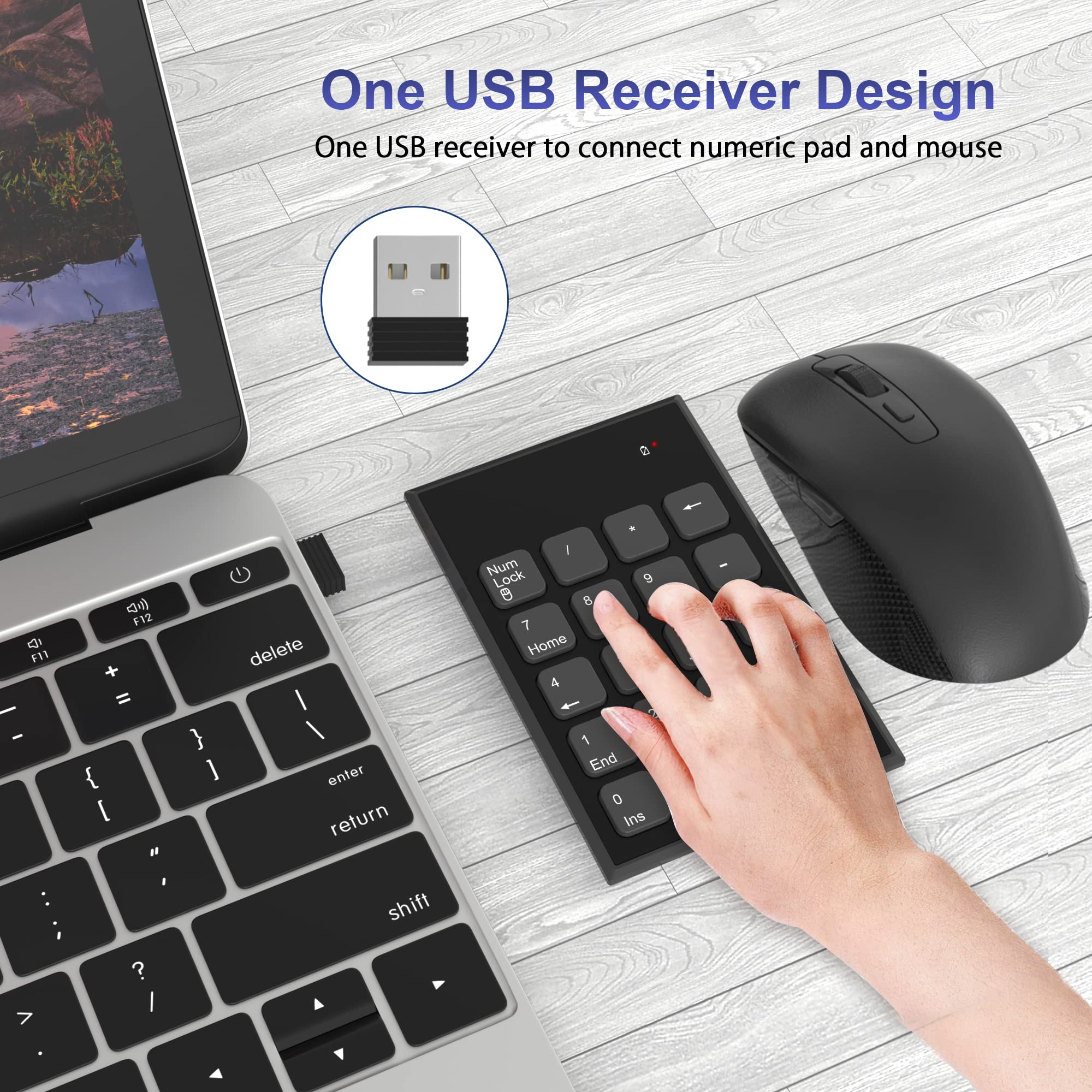 Wireless Number Pad and Mouse Combo,2.4G 19 Keys USB Wireless Numeric Keypad,3 Adjustable Silent Mouse Speeds DPI 800/1200/1600,Set for Laptop,Notebook,Desktop,PC Computer-Use One USB Receiver