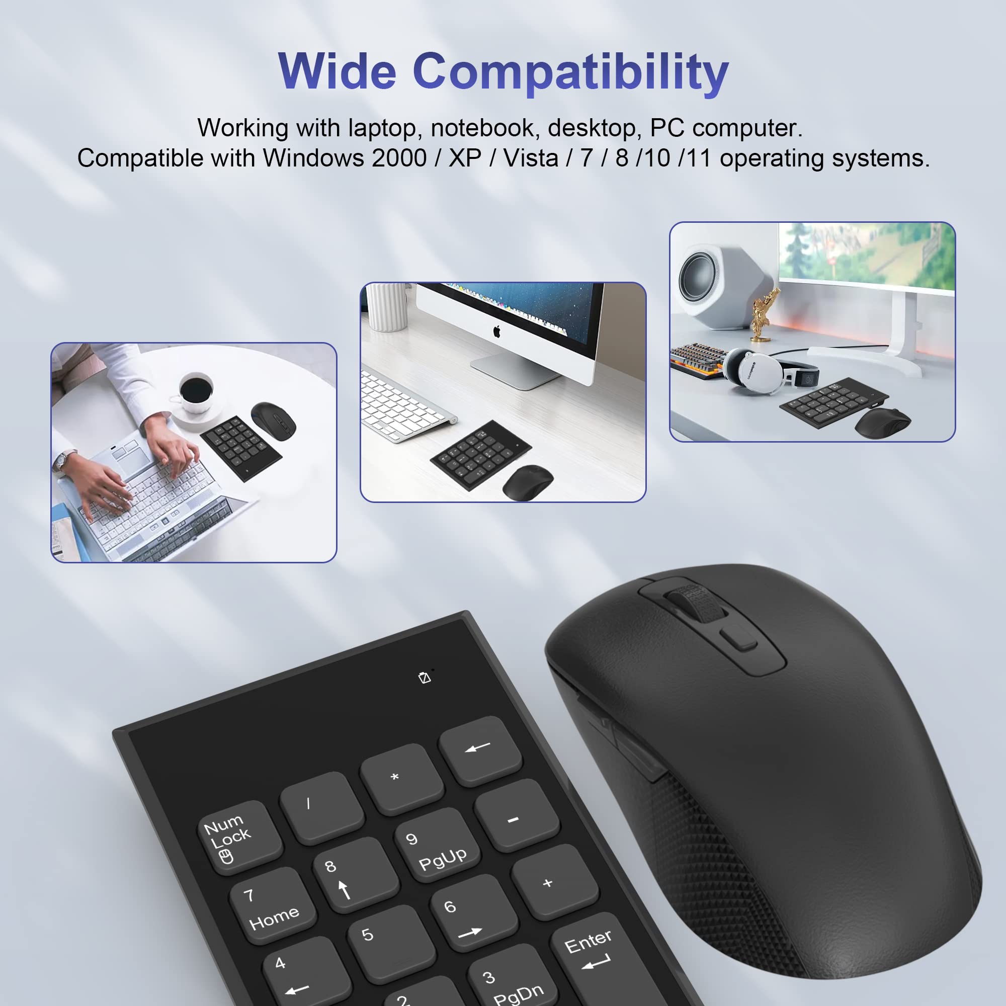 Wireless Number Pad and Mouse Combo,2.4G 19 Keys USB Wireless Numeric Keypad,3 Adjustable Silent Mouse Speeds DPI 800/1200/1600,Set for Laptop,Notebook,Desktop,PC Computer-Use One USB Receiver