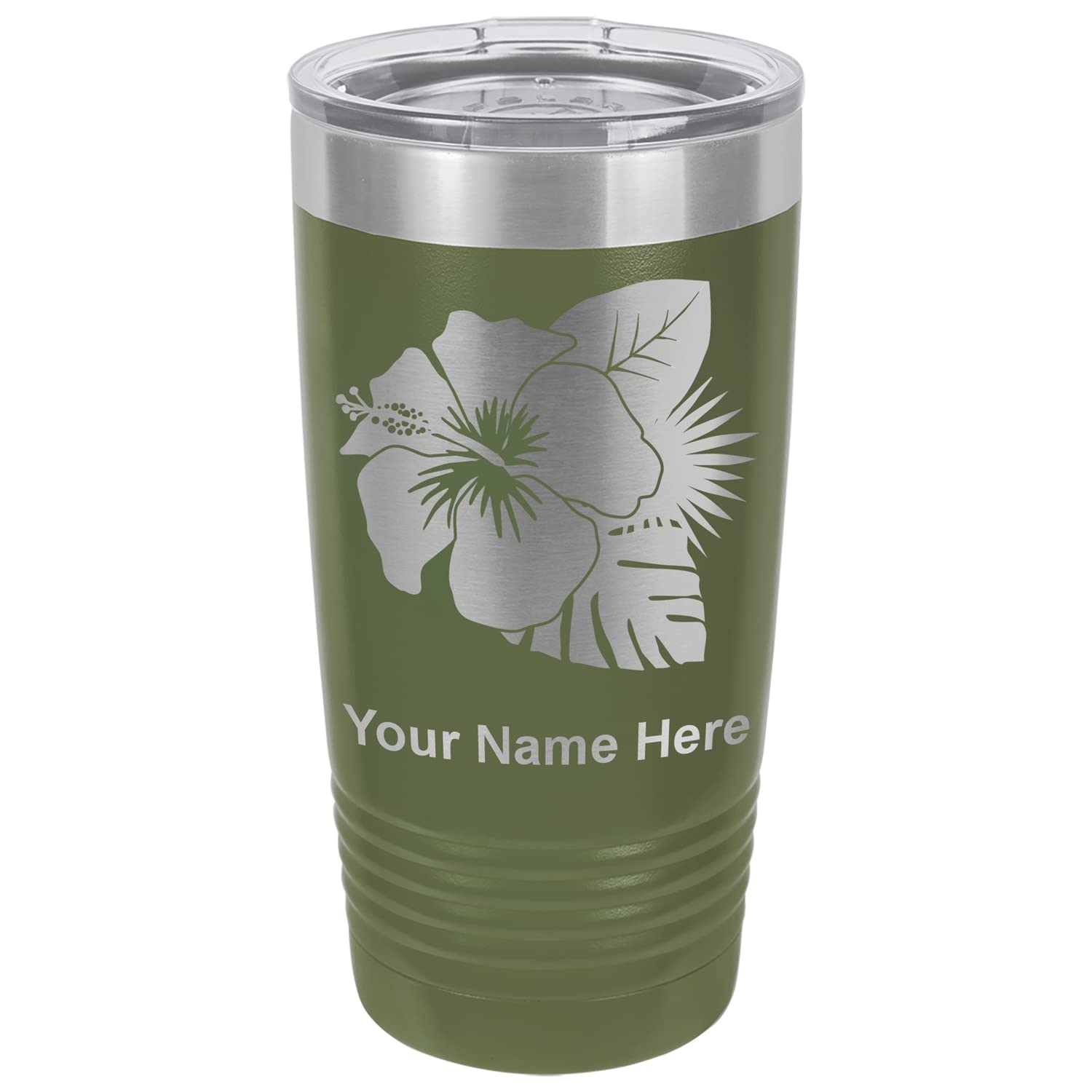 LaserGram 20oz Vacuum Insulated Tumbler Mug, Hibiscus Flower 2, Personalized Engraving Included (Camo Green)