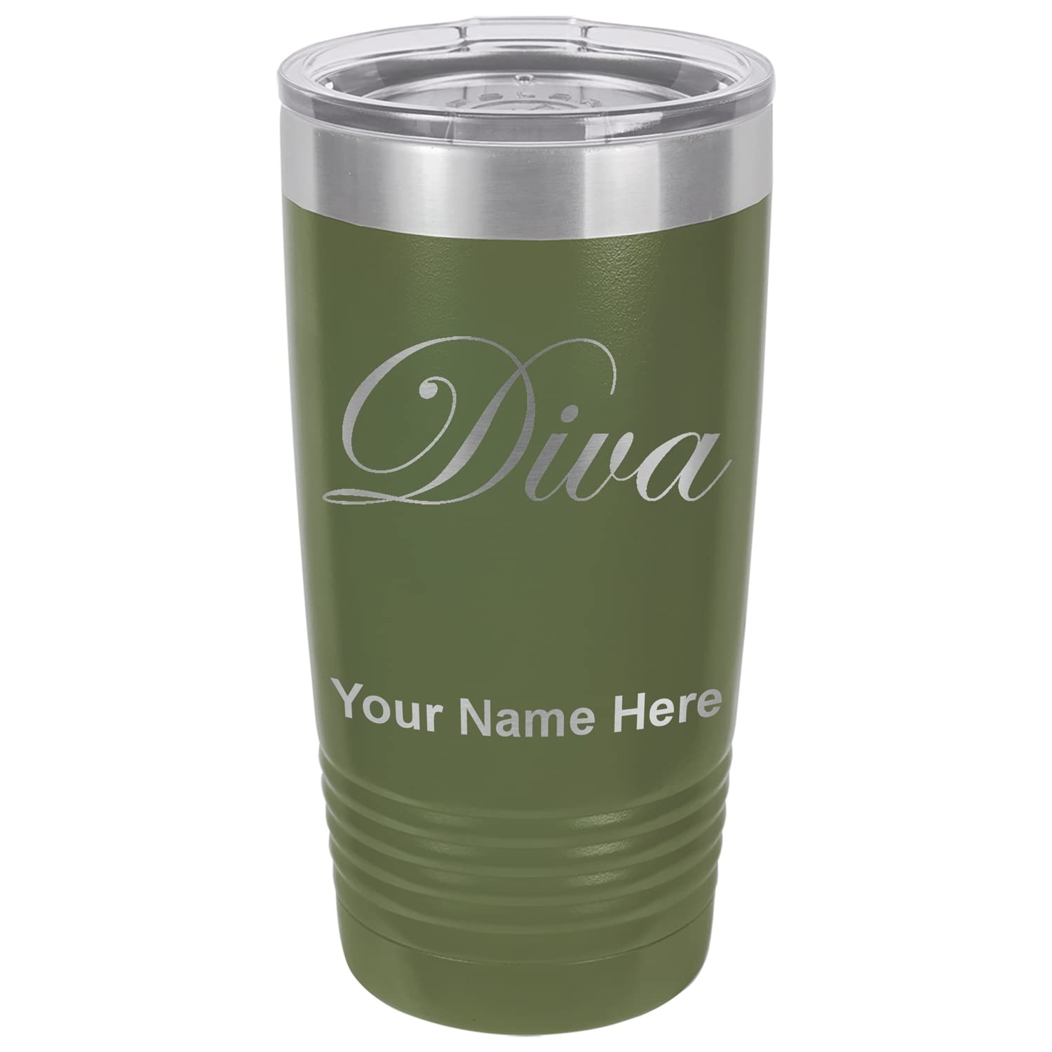 LaserGram 20oz Vacuum Insulated Tumbler Mug, Diva, Personalized Engraving Included (Camo Green)