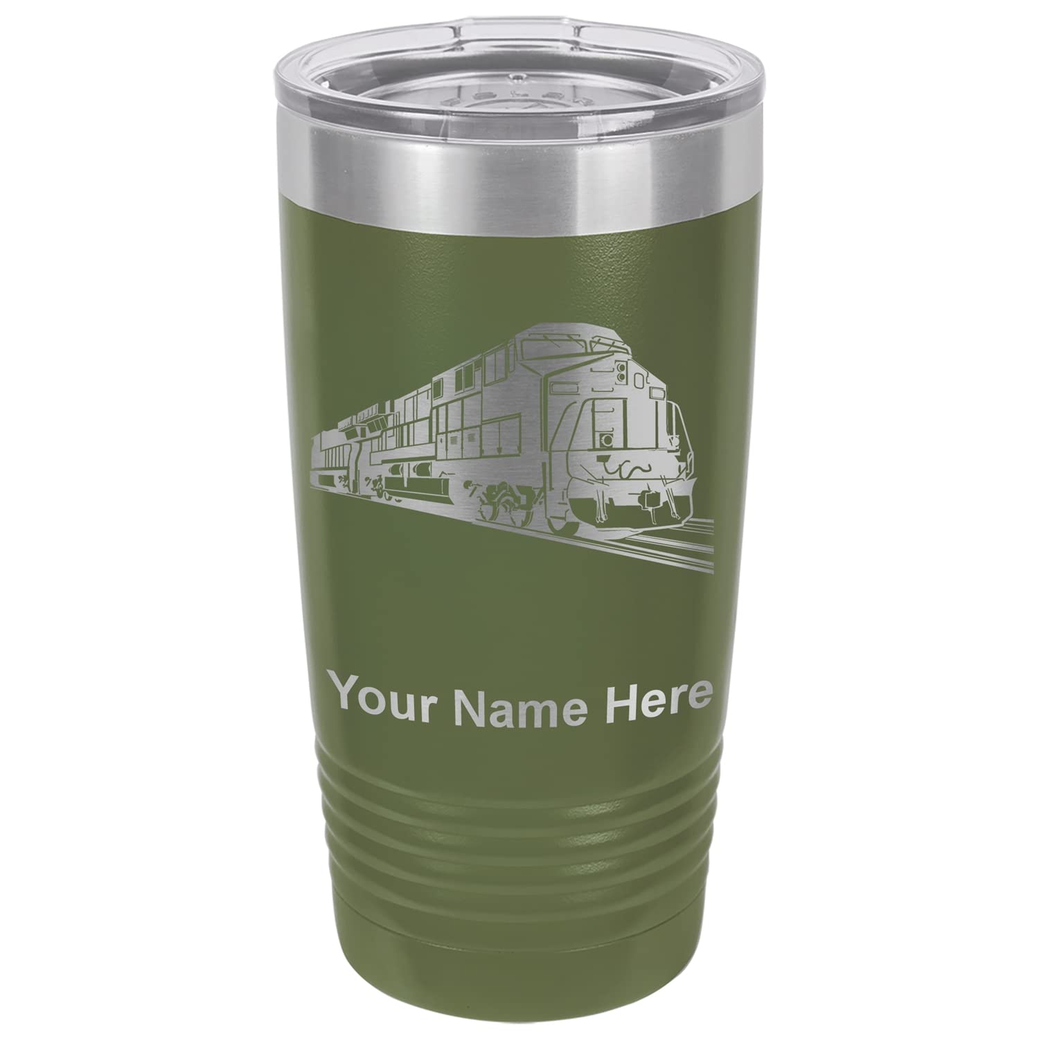 LaserGram 20oz Vacuum Insulated Tumbler Mug, Freight Train, Personalized Engraving Included (Camo Green)