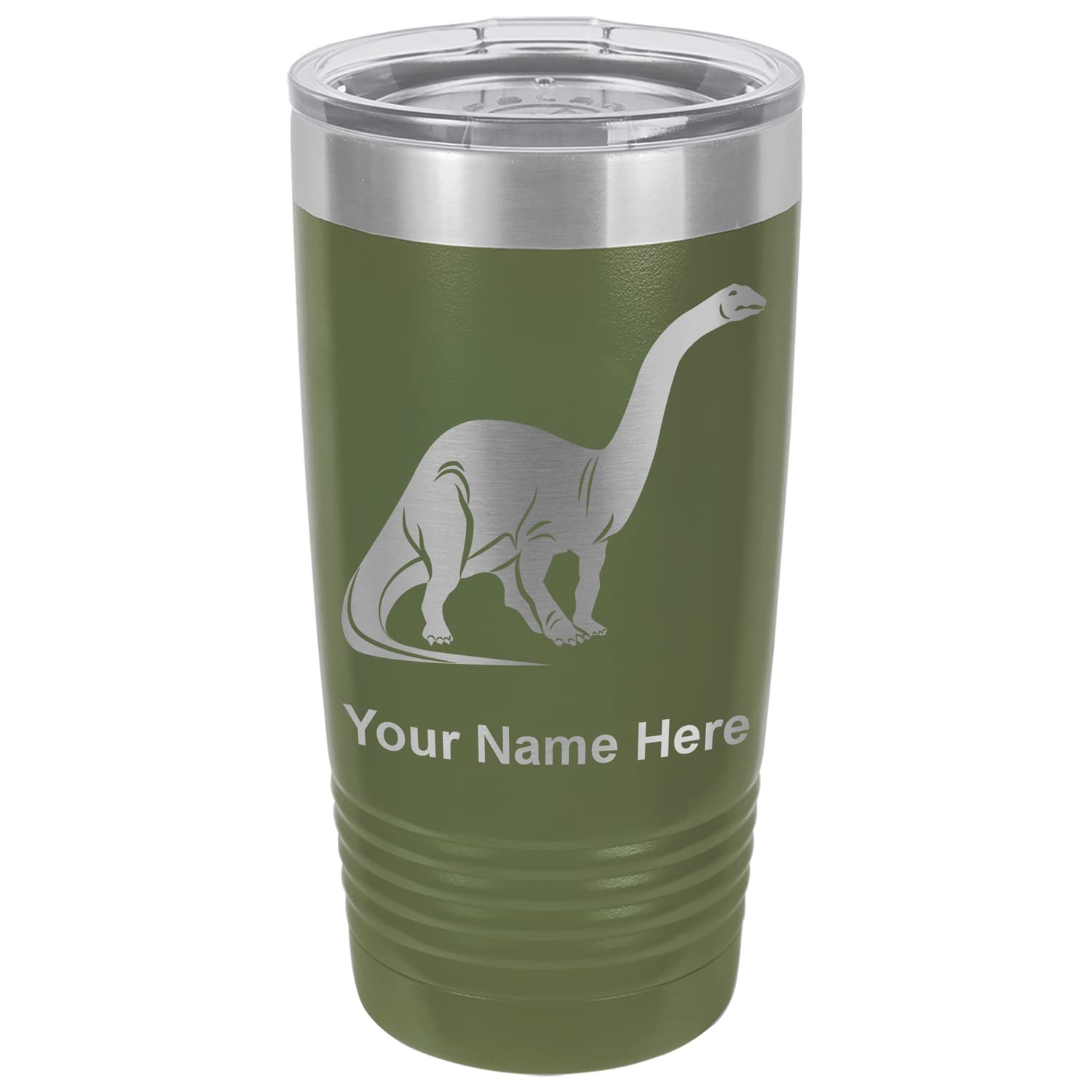 LaserGram 20oz Vacuum Insulated Tumbler Mug, Brontosaurus Dinosaur, Personalized Engraving Included (Camo Green)