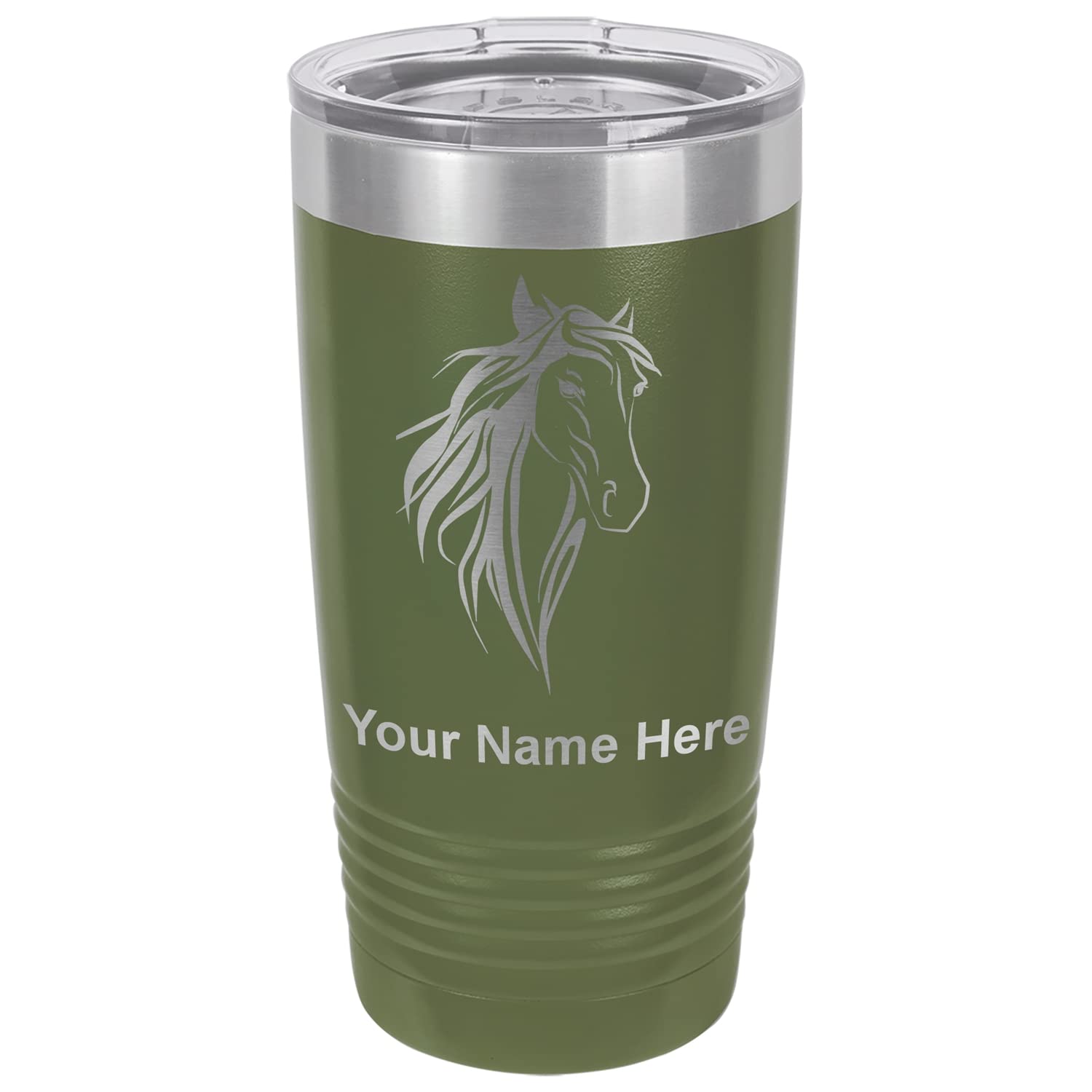 LaserGram 20oz Vacuum Insulated Tumbler Mug, Horse Head 3, Personalized Engraving Included (Camo Green)