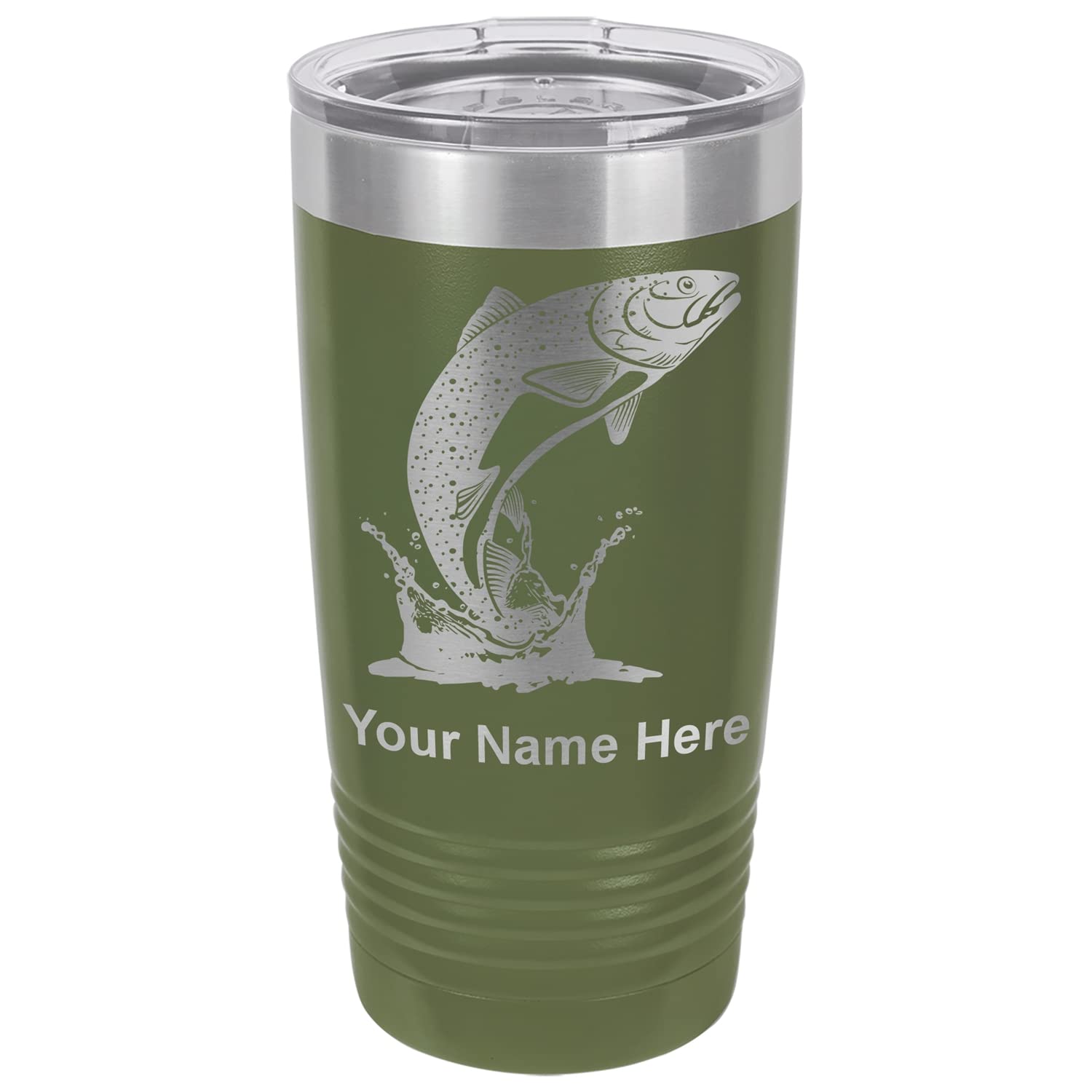 LaserGram 20oz Vacuum Insulated Tumbler Mug, Trout Fish, Personalized Engraving Included (Camo Green)