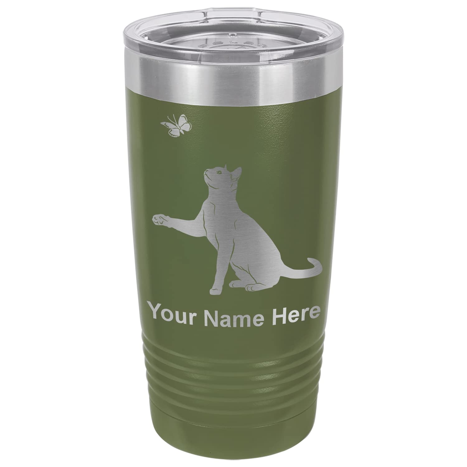 LaserGram 20oz Vacuum Insulated Tumbler Mug, Cat with Butterfly, Personalized Engraving Included (Camo Green)