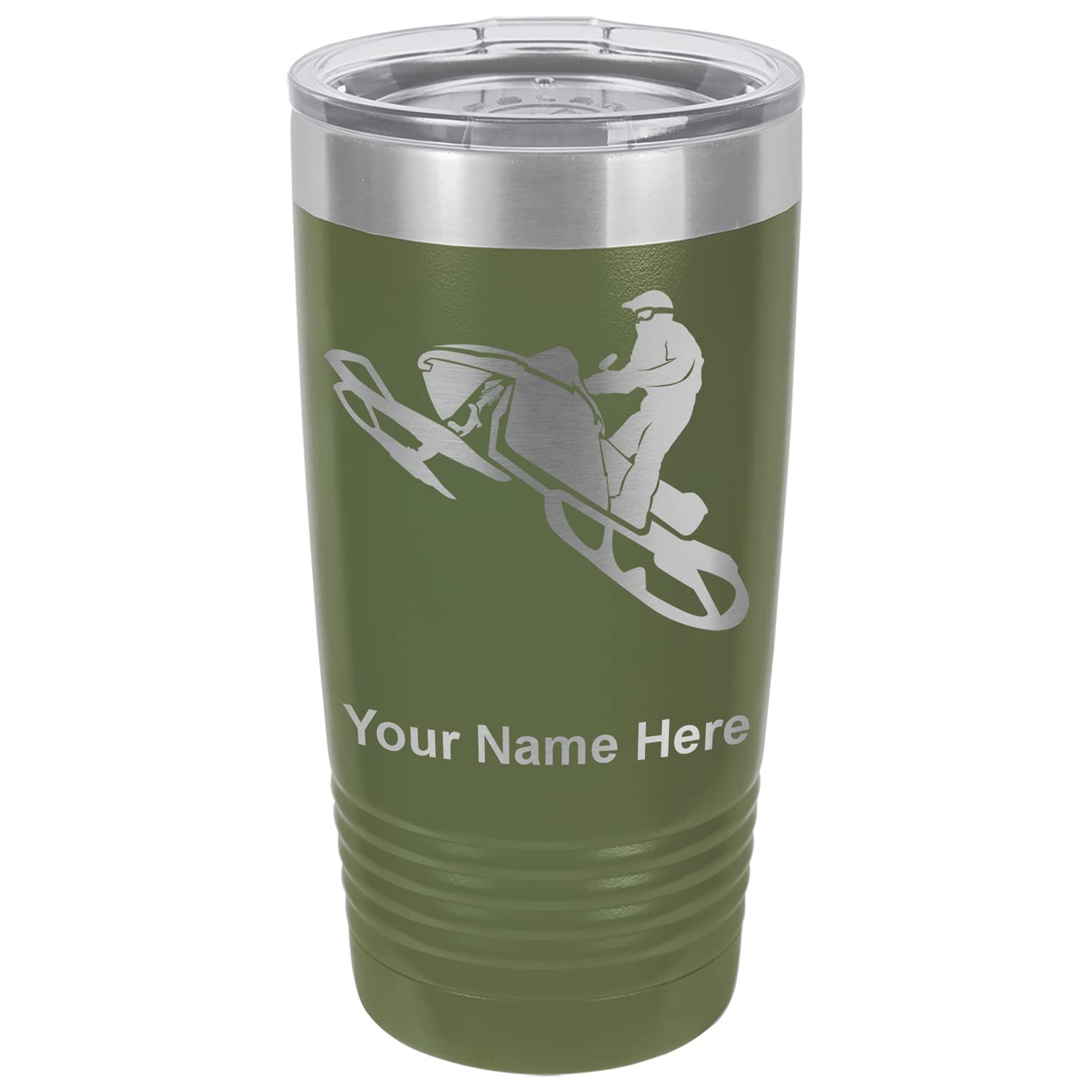 LaserGram 20oz Vacuum Insulated Tumbler Mug, Snowmobile, Personalized Engraving Included (Camo Green)