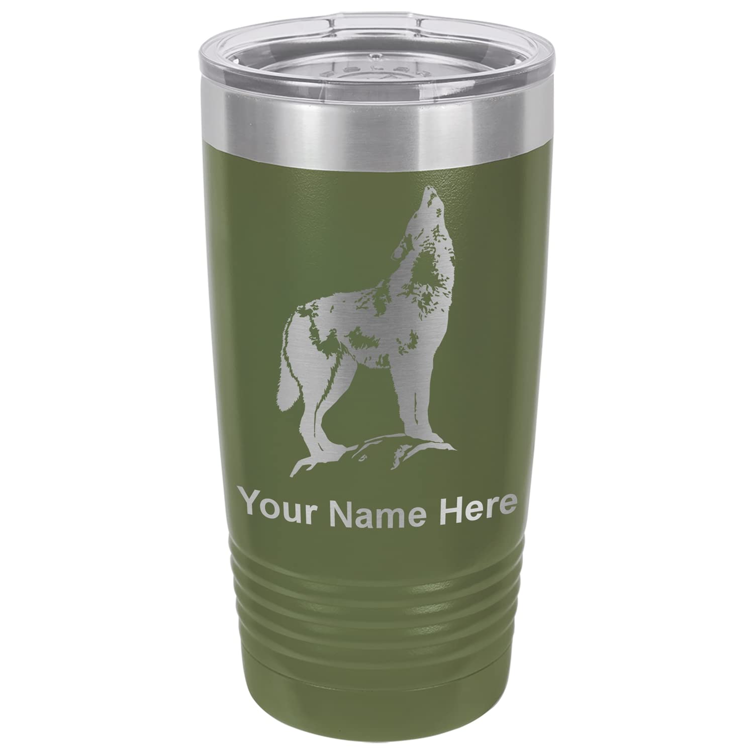 LaserGram 20oz Vacuum Insulated Tumbler Mug, Howling Wolf, Personalized Engraving Included (Camo Green)