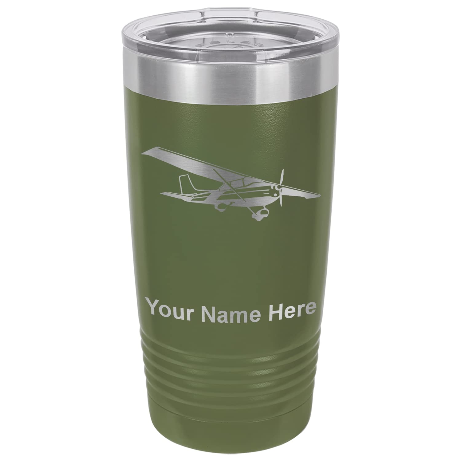 LaserGram 20oz Vacuum Insulated Tumbler Mug, High Wing Airplane, Personalized Engraving Included (Camo Green)