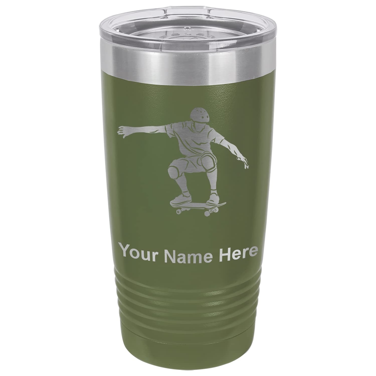 LaserGram 20oz Vacuum Insulated Tumbler Mug, Skateboarding, Personalized Engraving Included (Camo Green)