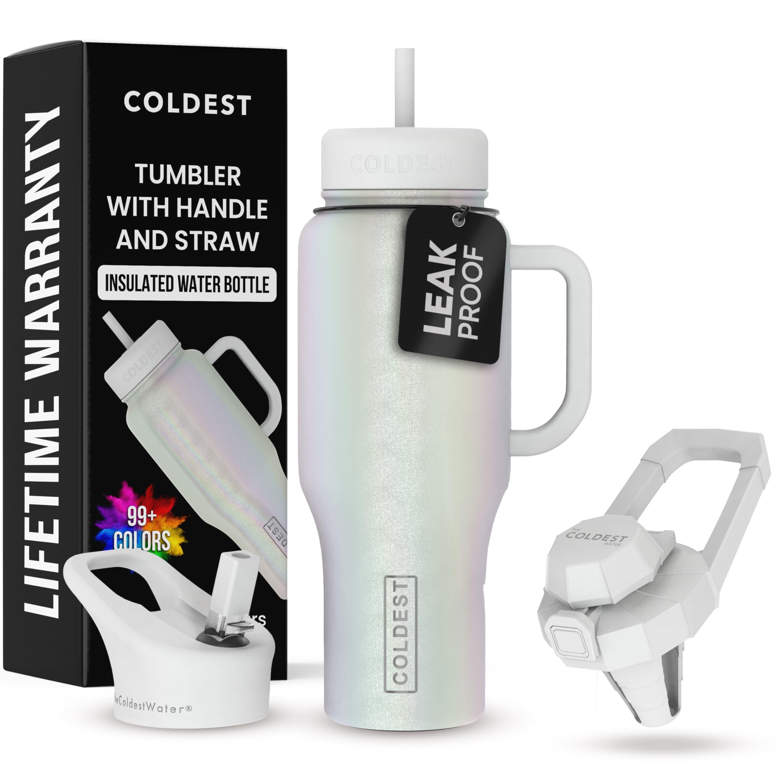 Coldest 40 oz Tumbler with Handle and Straw - 100% Spill Proof Tumbler with Straw (3 Lids) - Stainless Steel Insulated Leakproof Tumblers for Women & Men - 36 oz (Cosmic Ice Glitter)