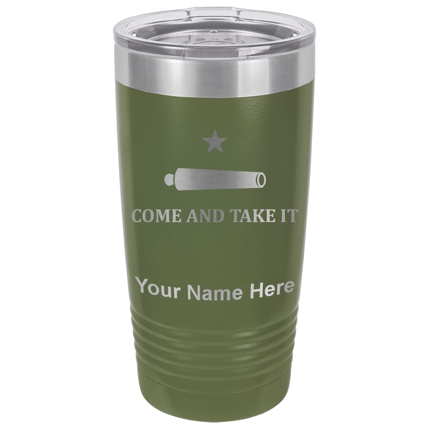 LaserGram 20oz Vacuum Insulated Tumbler Mug, Texas Come and Take It Flag, Personalized Engraving Included (Camo Green)