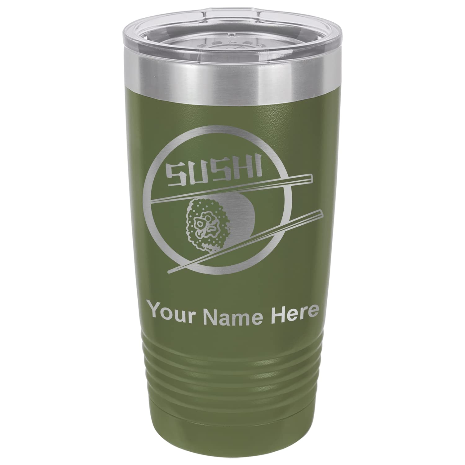 LaserGram 20oz Vacuum Insulated Tumbler Mug, Sushi, Personalized Engraving Included (Camo Green)