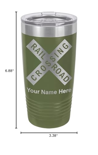 LaserGram 20oz Vacuum Insulated Tumbler Mug, Railroad Crossing Sign 1, Personalized Engraving Included (Camo Green)