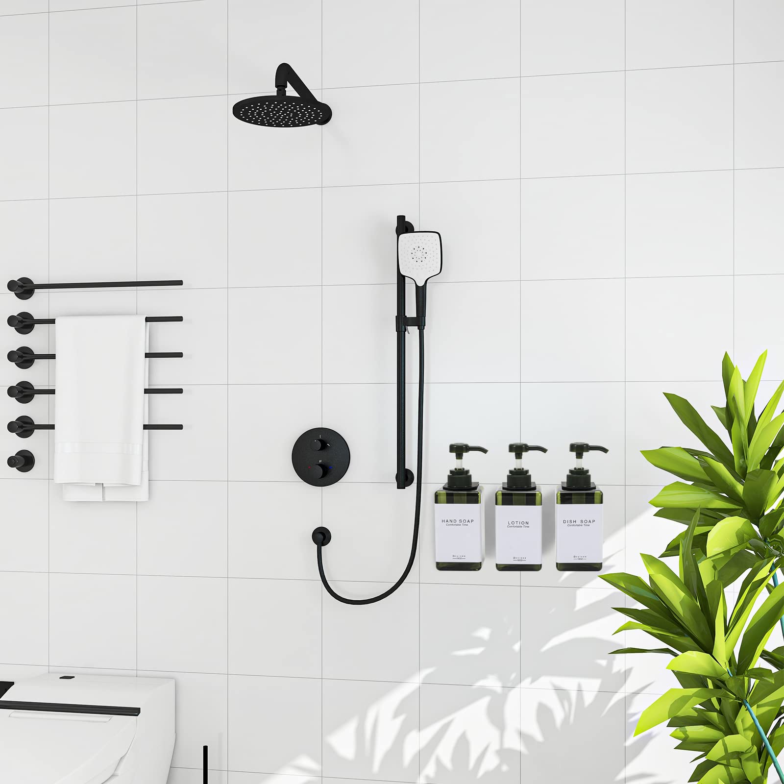 GOYISEE Shampoo and Conditioner Dispenser for Shower Wall 3 Chamber - Drill Free Square Shower Soap Dispenser Wall Mount with Waterproof Labels (3 Bottles 3 Wall Mounts-Green)