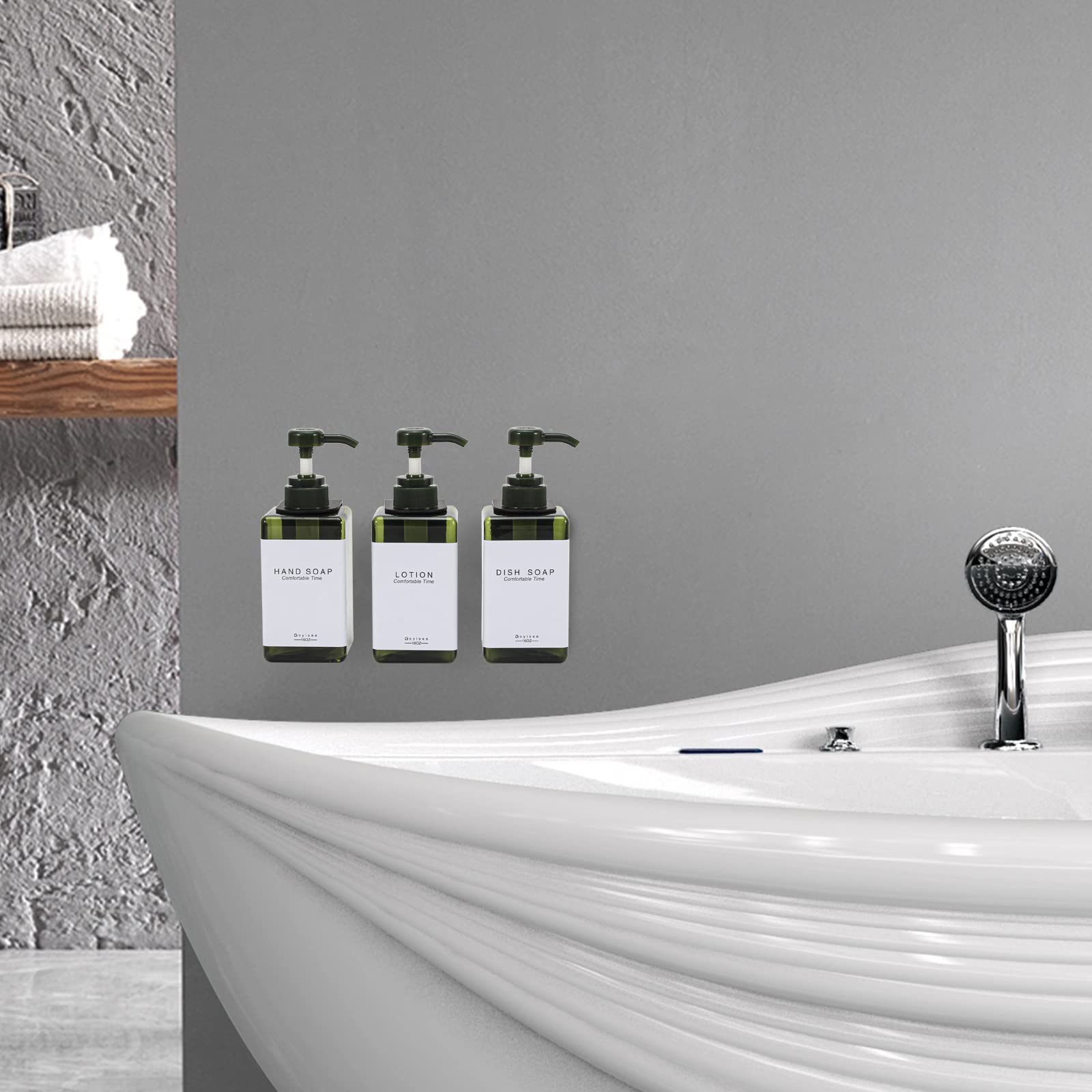 GOYISEE Shampoo and Conditioner Dispenser for Shower Wall 3 Chamber - Drill Free Square Shower Soap Dispenser Wall Mount with Waterproof Labels (3 Bottles 3 Wall Mounts-Green)