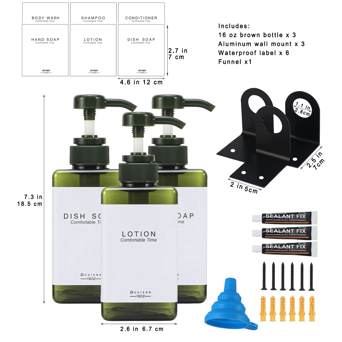 GOYISEE Shampoo and Conditioner Dispenser for Shower Wall 3 Chamber - Drill Free Square Shower Soap Dispenser Wall Mount with Waterproof Labels (3 Bottles 3 Wall Mounts-Green)
