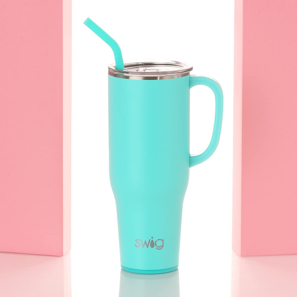 Swig Life 40oz Mega Mug, 40 oz Tumbler with Handle and Straw, Cup Holder Friendly, Dishwasher Safe, Extra Large Insulated Tumbler, Stainless Steel (Aqua)