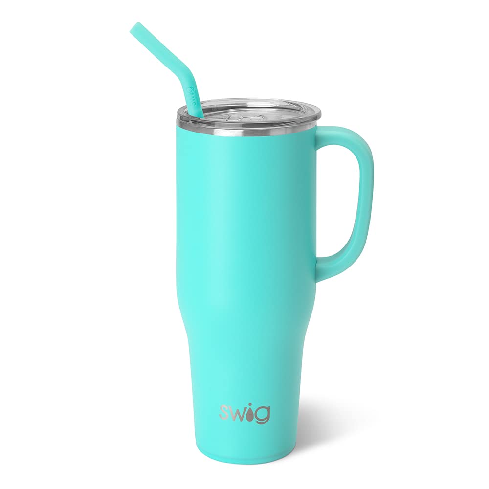 Swig Life 40oz Mega Mug, 40 oz Tumbler with Handle and Straw, Cup Holder Friendly, Dishwasher Safe, Extra Large Insulated Tumbler, Stainless Steel (Aqua)