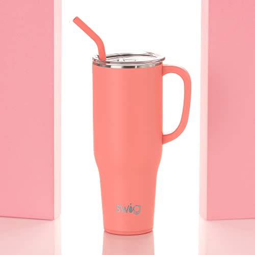 Swig Life 40oz Mega Mug, 40 oz Tumbler with Handle and Straw, Cup Holder Friendly, Dishwasher Safe, Extra Large Insulated Tumbler, Stainless Steel (Coral)