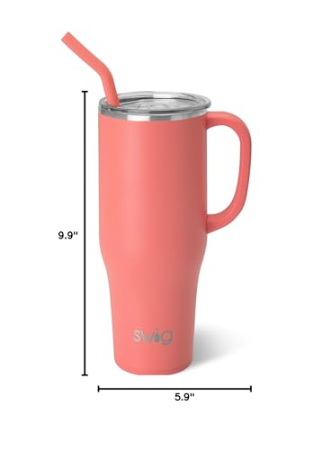 Swig Life 40oz Mega Mug, 40 oz Tumbler with Handle and Straw, Cup Holder Friendly, Dishwasher Safe, Extra Large Insulated Tumbler, Stainless Steel (Coral)