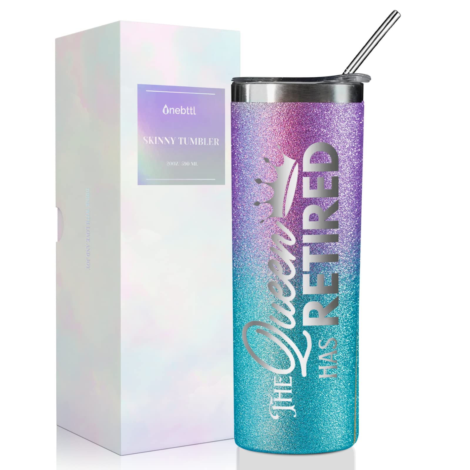 Onebttl Retirement Gifts for Women, Funny Retirement Tumbler 20oz, Retired Gifts for Coworkers, Grandma, Friends - Blue Purple (The Queen Has Retired)