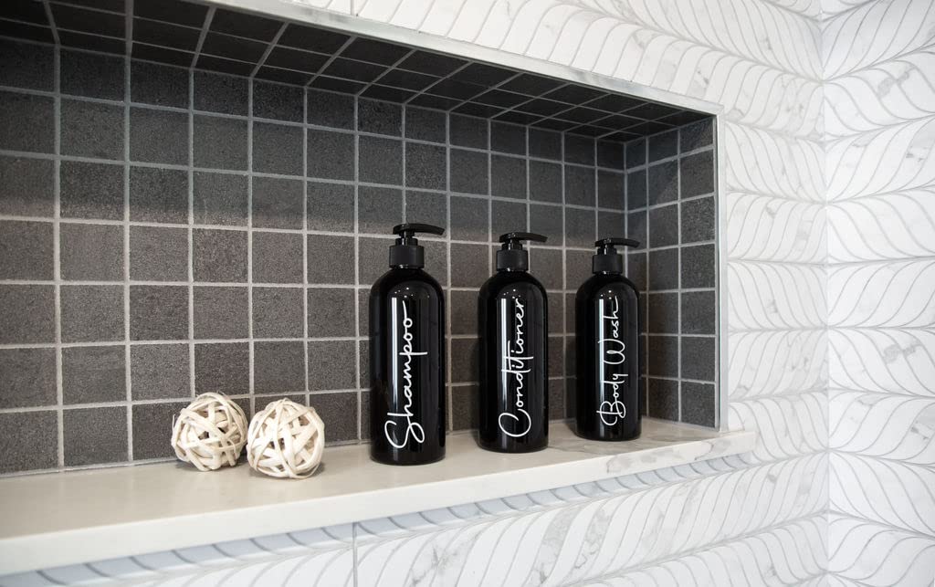Alora Reusable Shampoo and Conditioner Bottles - Set of 3 - Matte Black - Permanent Stylish Labels - 16oz Pump Bottle Dispenser for Shampoo, Conditioner, Body Wash - Plastic Refillable Containers…