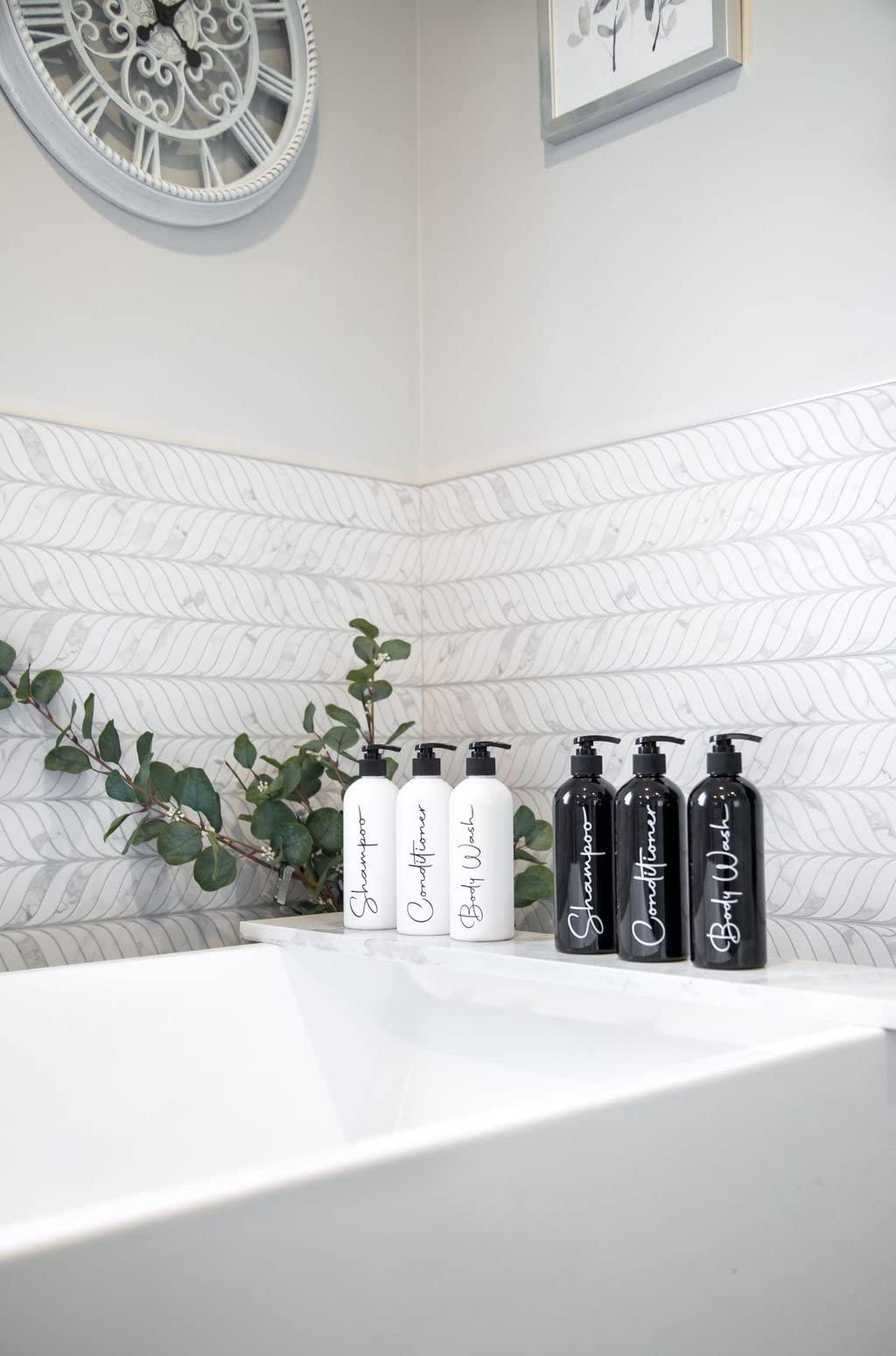 Alora Reusable Shampoo and Conditioner Bottles - Set of 3 - Matte Black - Permanent Stylish Labels - 16oz Pump Bottle Dispenser for Shampoo, Conditioner, Body Wash - Plastic Refillable Containers…